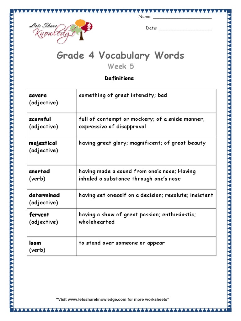 Grade 4 Vocabulary Week 5 Definitions | PDF