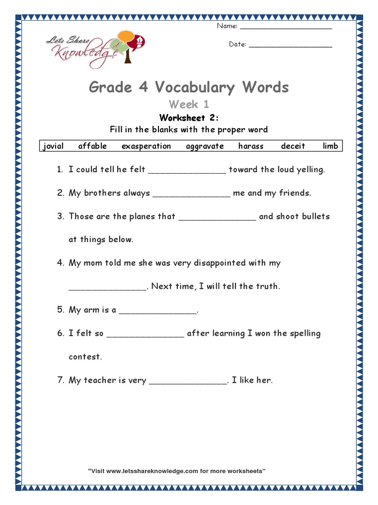 Grade 4 Vocabulary Week 1 Worksheet 2 PDF | PDF