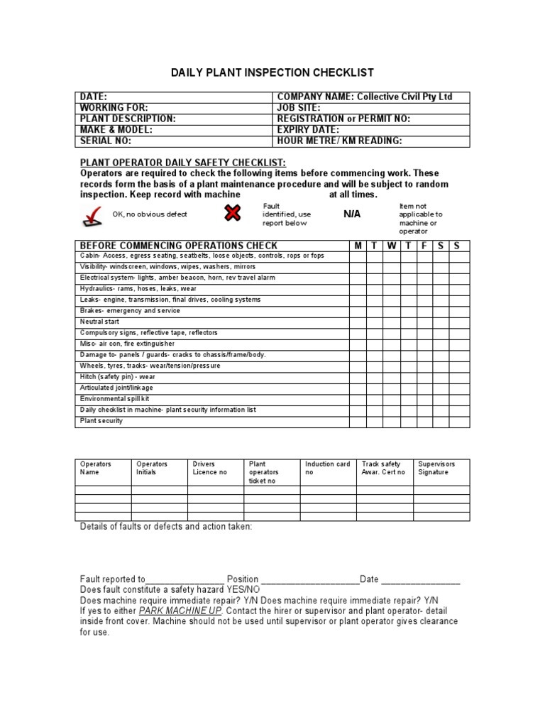Daily Plant Inspection Checklist | PDF | Machines | Vehicles