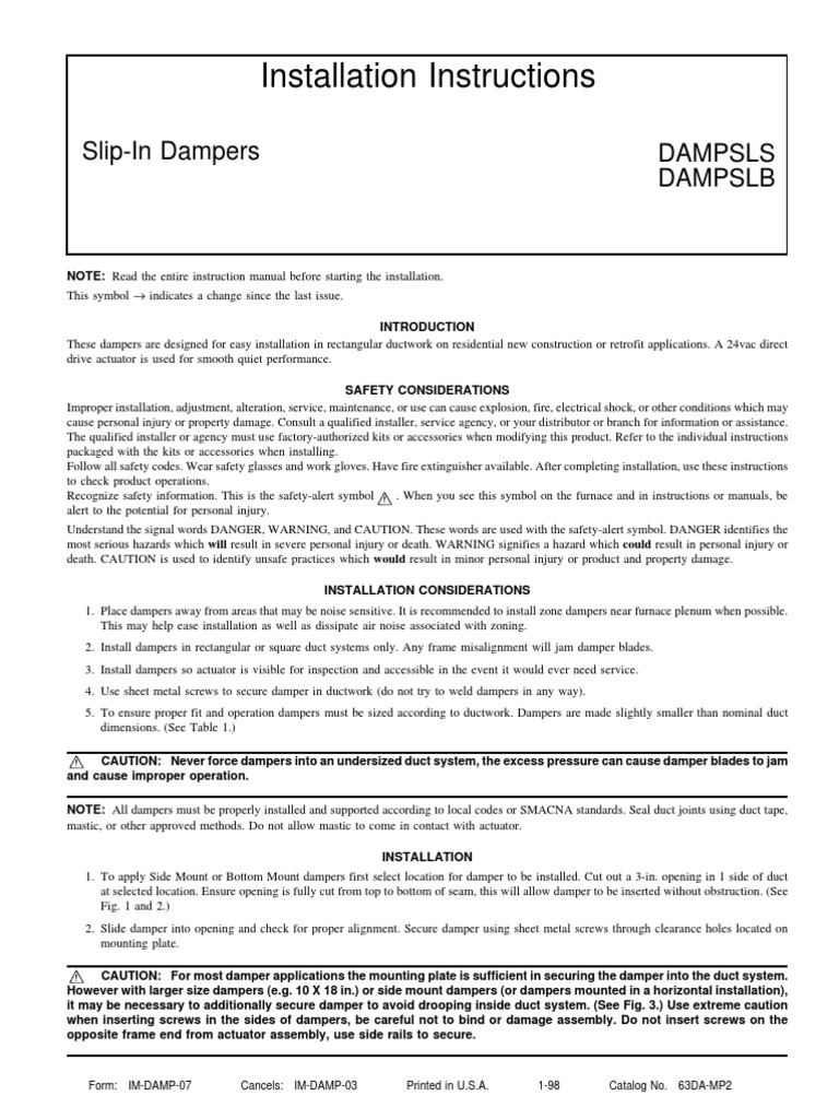 Installation Instructions: Dampsls Dampslb Slip-In Dampers | PDF | Duct ...