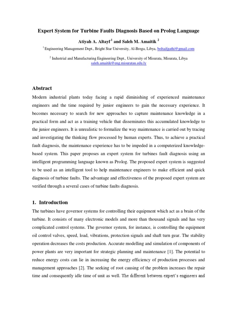 Expert System For Turbine Faults Diagnosis Based On Prolog Language ...