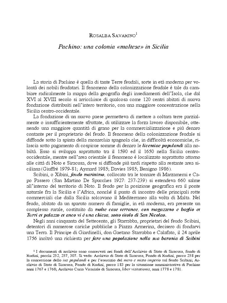 SAVARINO (2008) - Pachino, Una Colonia "Maltese" in Sicilia | PDF
