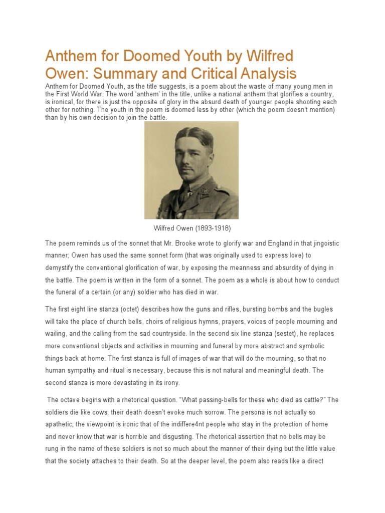 Anthem For Doomed Youth by Wilfred Owen | PDF | Funeral | Poetry