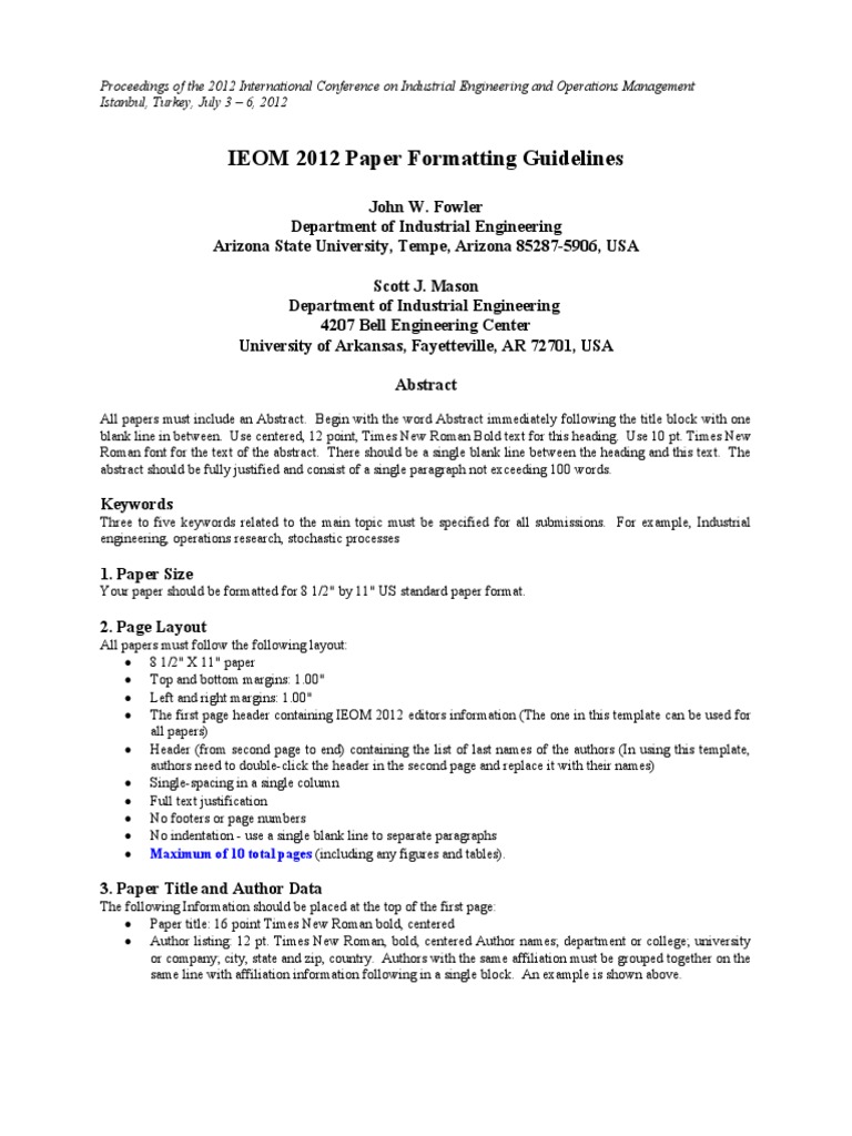 IEOM 2012 Paper Formatting Guidelines | PDF | Times New Roman | Page Layout