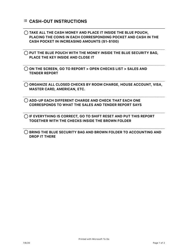 Cash-Out Instructions: 7/8/20 Printed With Microsoft To Do Page 1 of 2 ...