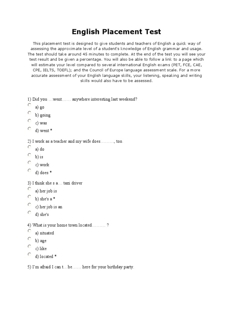 English Placement Test Overview | PDF