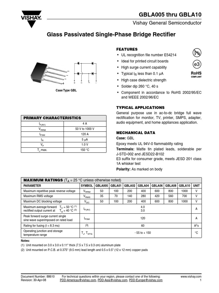 Glass Passivated Single-Phase Bridge Rectifier | PDF | Rectifier | Diode