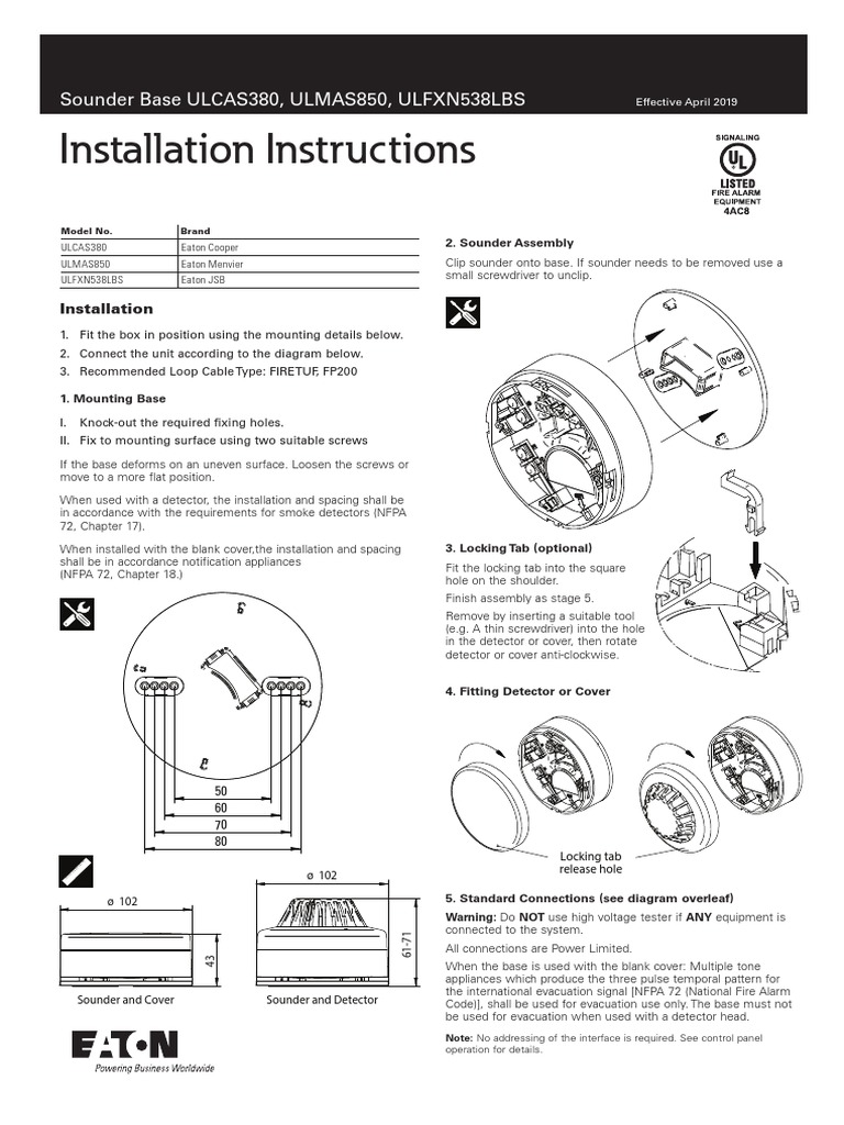 Installation Instructions: Sounder Base ULCAS380, ULMAS850, ULFXN538LBS ...
