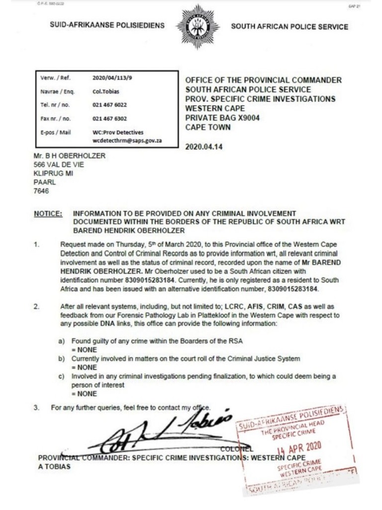 Barry Oberholzer Saps Letter | PDF