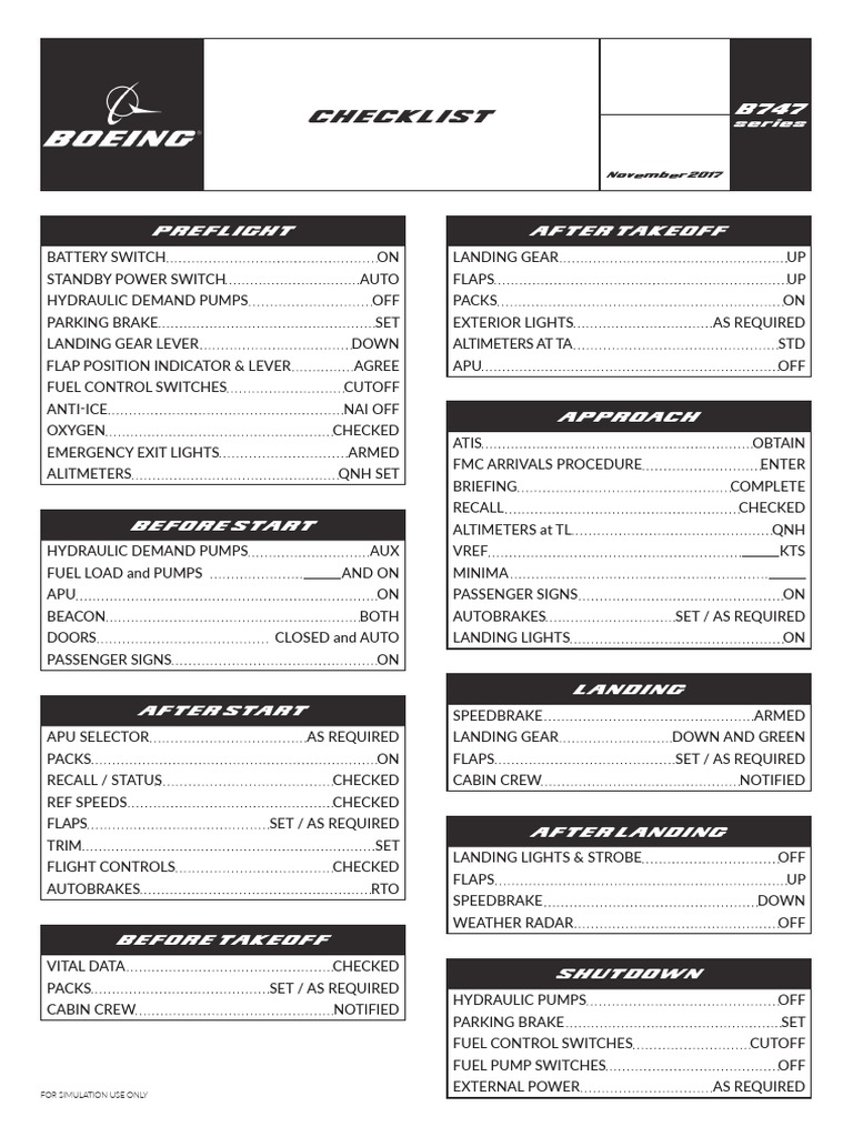 B747 Normal Procedures Checklist | PDF | Cockpit | Switch