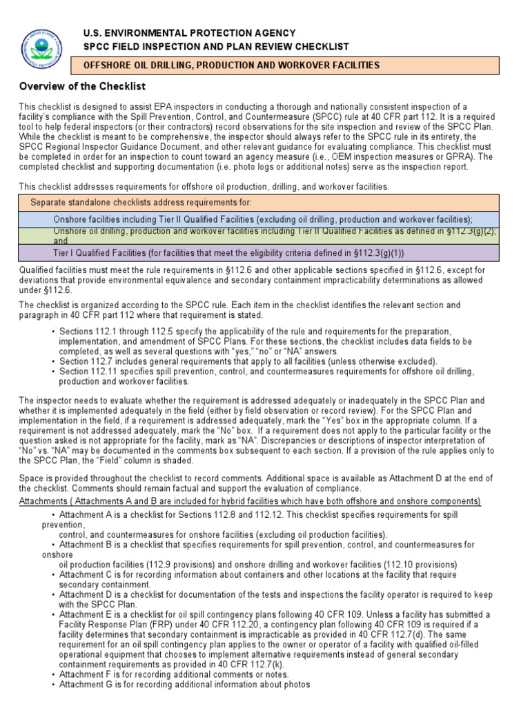 Overview of The Checklist: U.S. Environmental Protection Agency SPCC ...