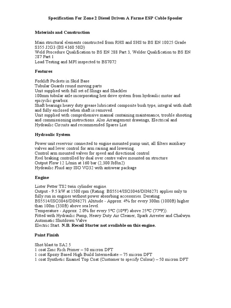 Specification For Zone 2 Diesel Driven A Farme ESP Cable Spooler | PDF ...