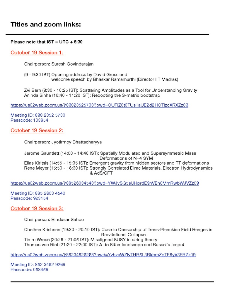 Titles and Zoom Links:: October 19 Session 1 | PDF | String Theory | Boson