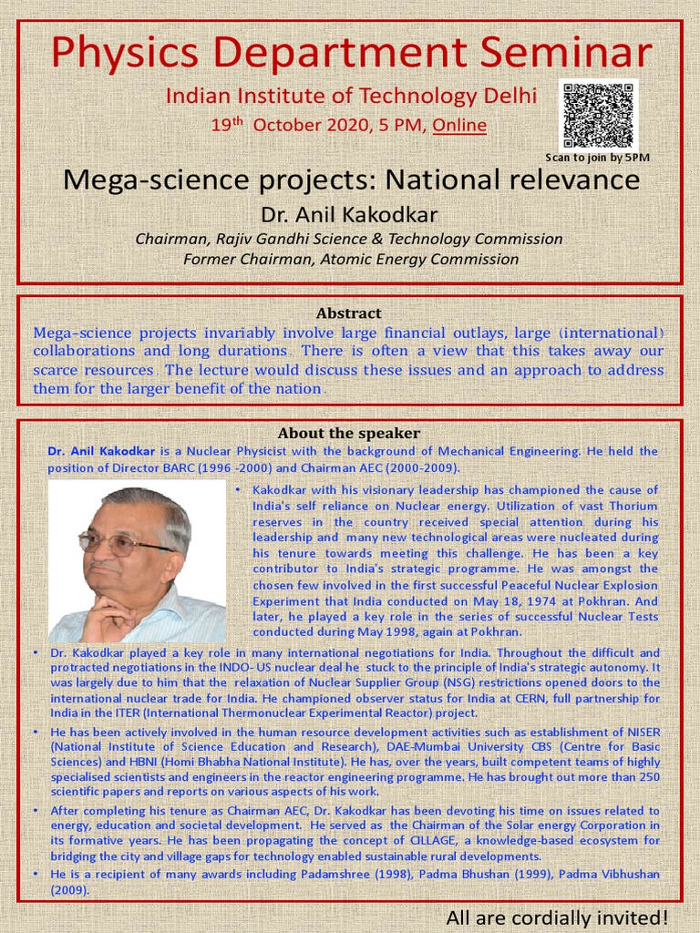 Physics Department Seminar: Mega-Science Projects: National Relevance ...