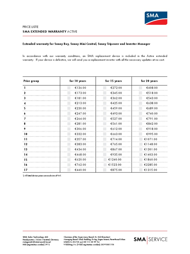 Sma Extended Warranty Active: Price Liste | PDF