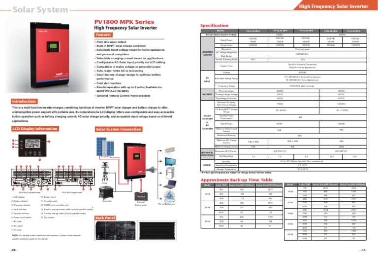 Solar System: PV1800 MPK Series | PDF | Power Inverter | Battery Charger