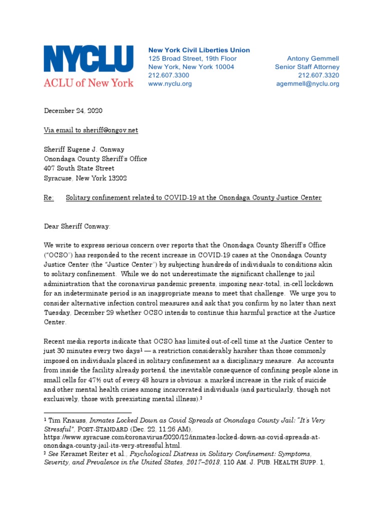 NYCLU Letter To OCSO Re COVID Restrictions at Justice Center - 12-24 ...