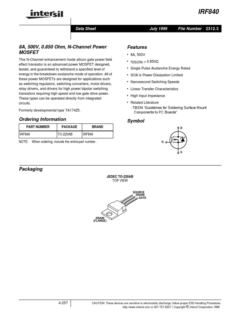 Datasheet IRF840 MOSFET Lab | PDF | Field Effect Transistor | Mosfet