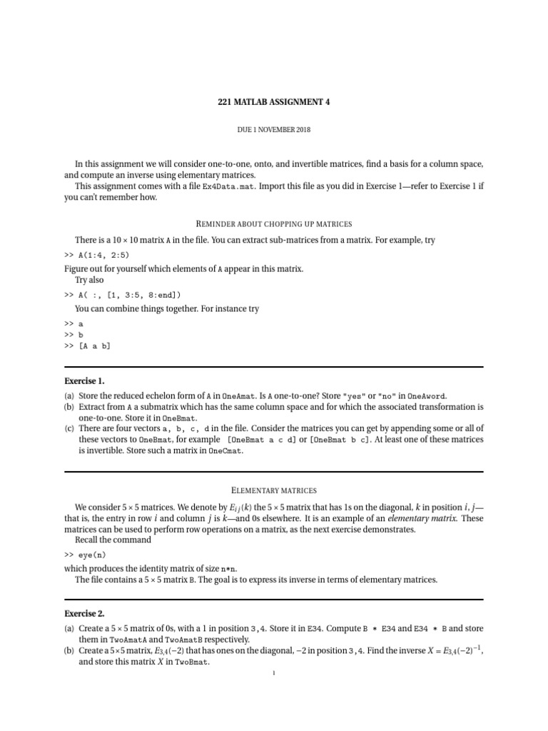 Ex4Data - Mat: 221 Matlab Assignment 4 | PDF | Matrix (Mathematics) | Mathematical Analysis