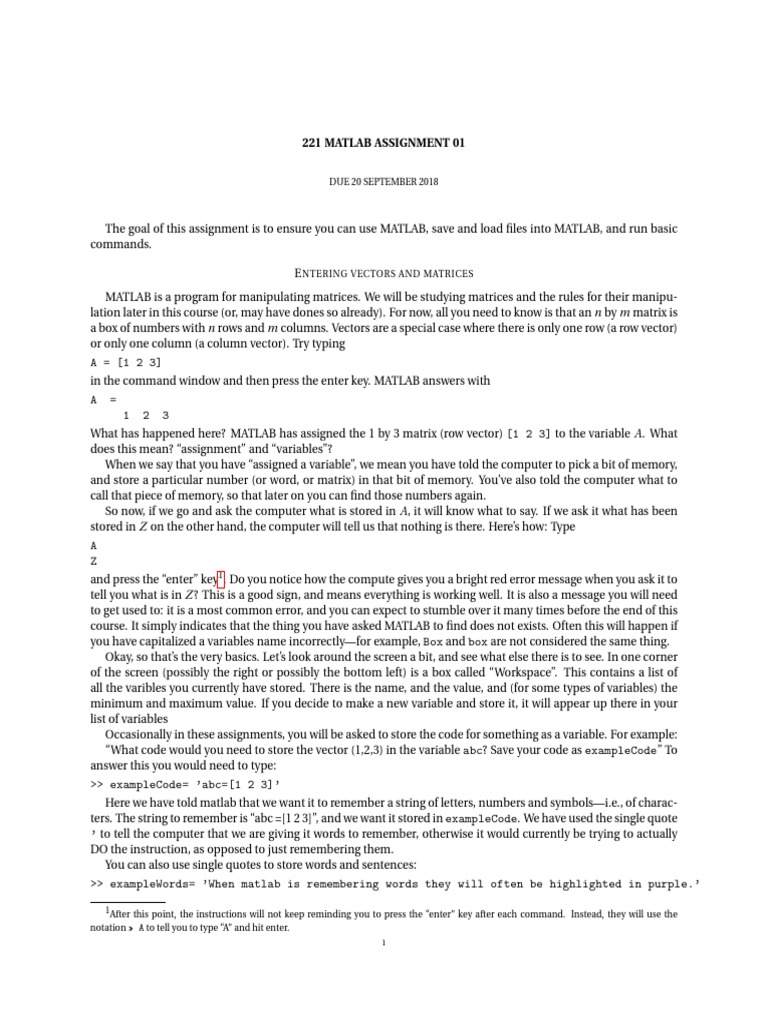 221 Matlab Assignment 01: Due 20 September 2018 | PDF | Matlab | Matrix (Mathematics)