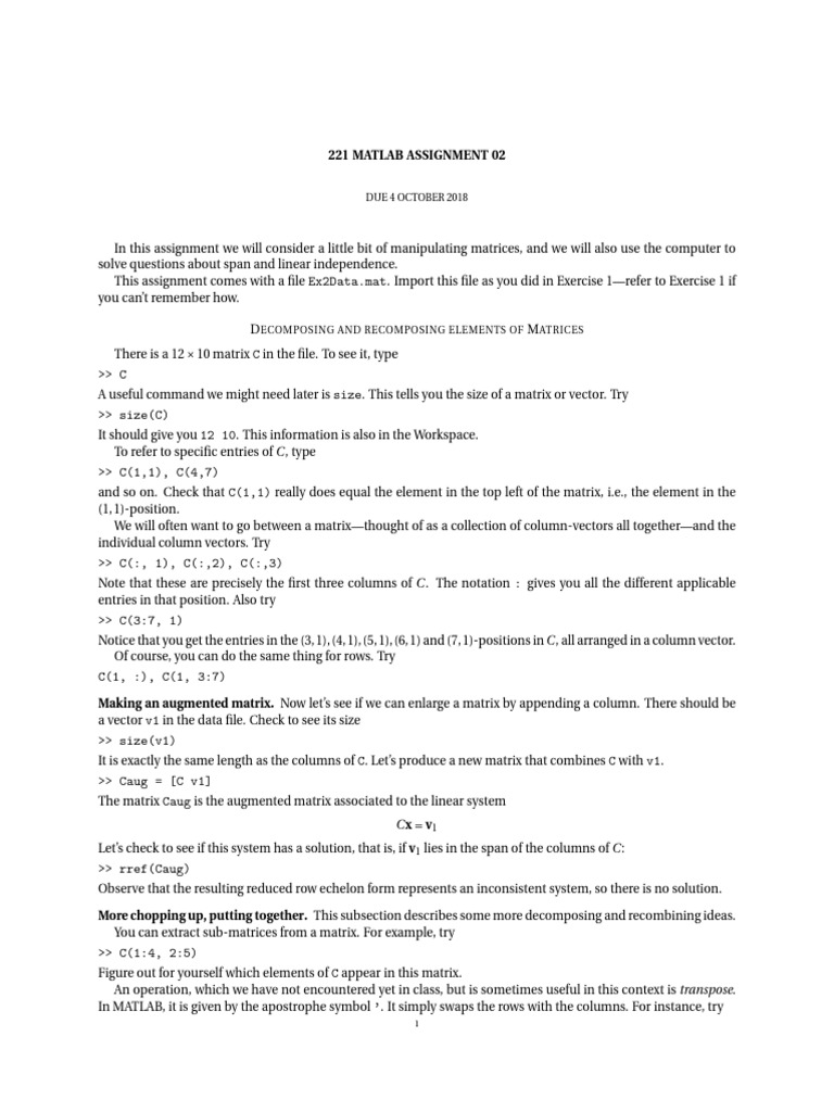 Ex2Data - Mat: 221 Matlab Assignment 02 | PDF | Matrix (Mathematics) | Algebra