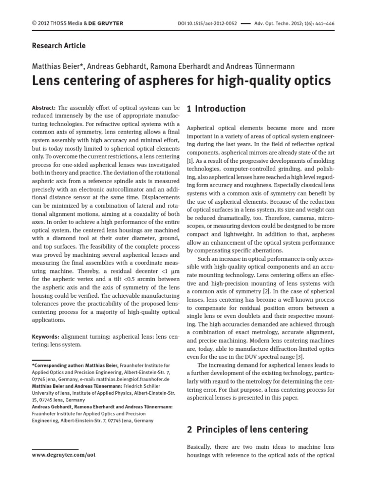 (21928584 - Advanced Optical Technologies) Lens Centering of Aspheres For High-Quality Optics ...