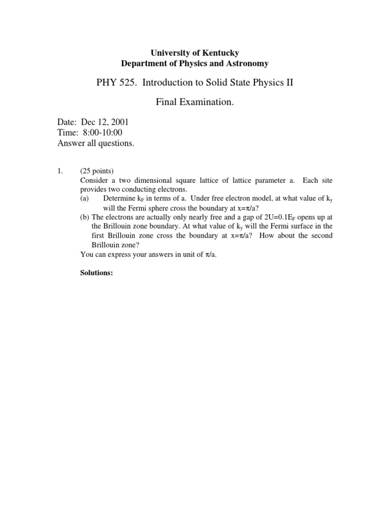 PHY 525. Introduction To Solid State Physics II Final Examination | PDF | Electromagnetism ...