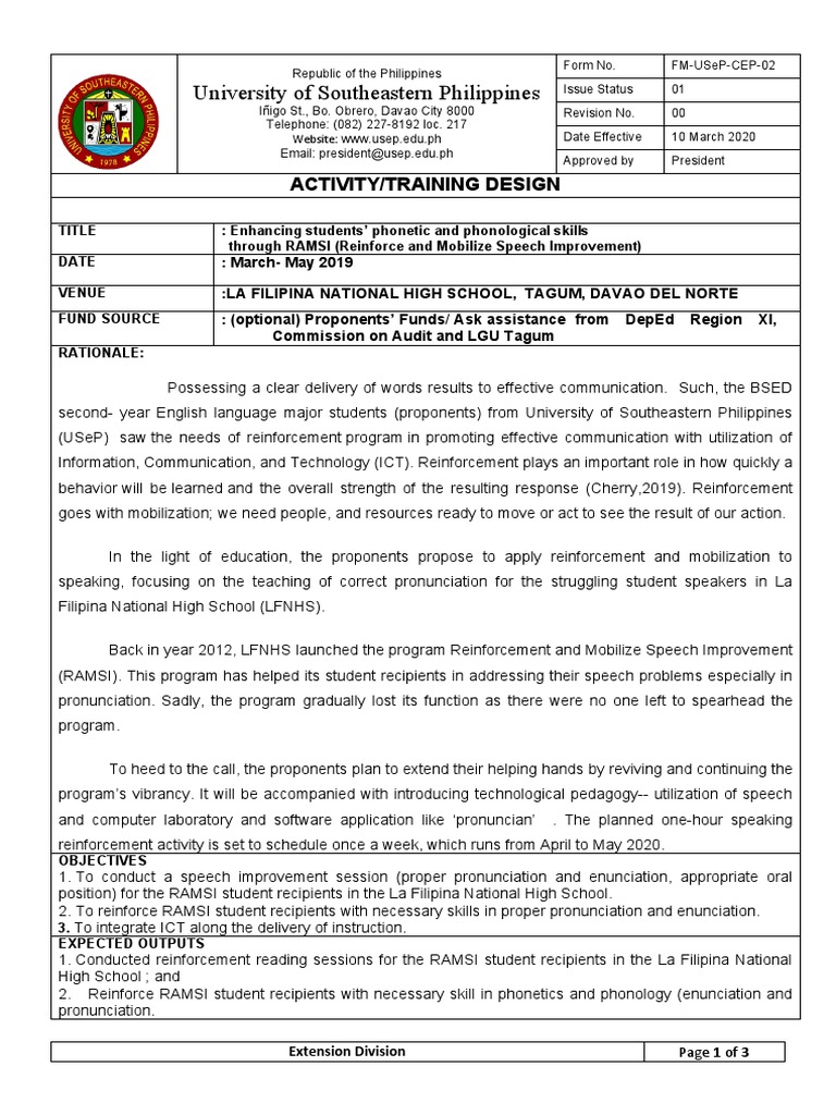 University of Southeastern Philippines: Activity/Training Design | PDF ...