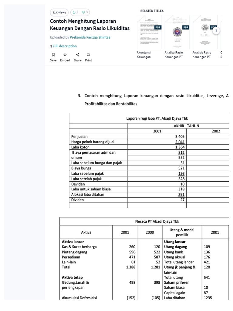 PDF Contoh Menghitung Laporan Keuangan Dengan Rasio Likuiditas DD | PDF