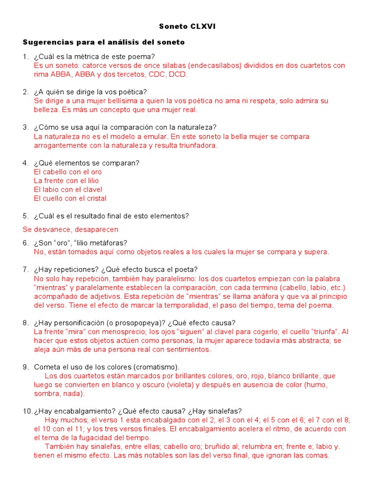 Soneto Clxvi Sugerencias para El Analisis Del Poema Respuestas | PDF ...