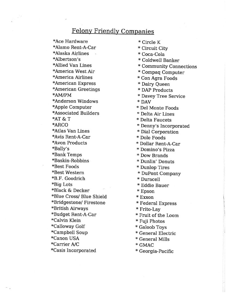 Felony Friendly Companies | PDF