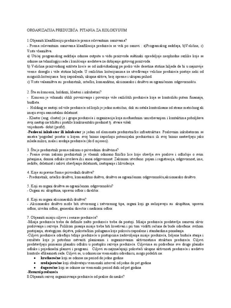 Organizacija Preduzeća Pitanja Za Kolokvijum | PDF