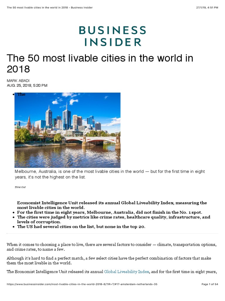 Most Livable Cities 2018 Rankings | PDF | Index Numbers | Quality