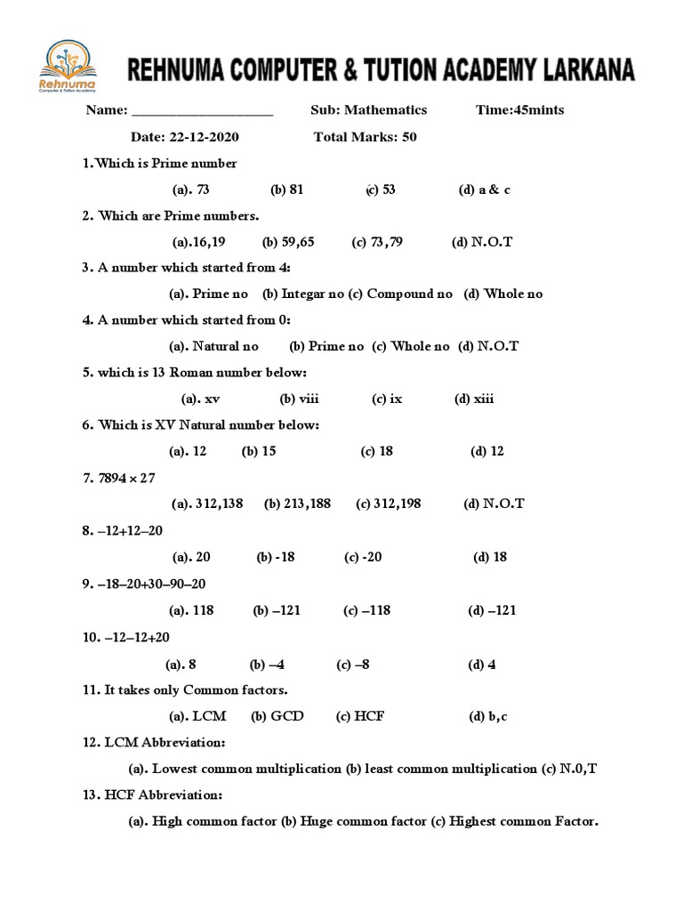 Math MCQ Test | PDF | Elementary Mathematics | Mathematical Objects