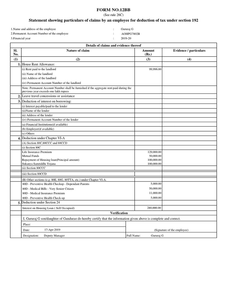 Statement Showing Particulars of Claims by An Employee For Deduction of ...