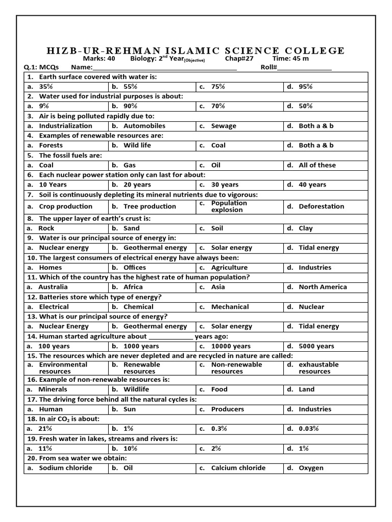 Environmental Science Exam: Multiple Choice and Essay Questions on ...