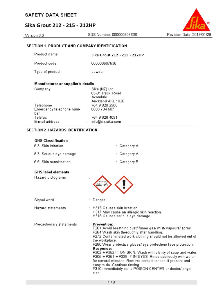 Safety Data Sheet for Sika Grout 212 - 215 - 212HP Cementitious Grout ...