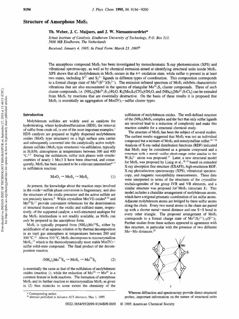 Structure of Amorphous MoS3 | PDF | Infrared Spectroscopy | Chemical ...