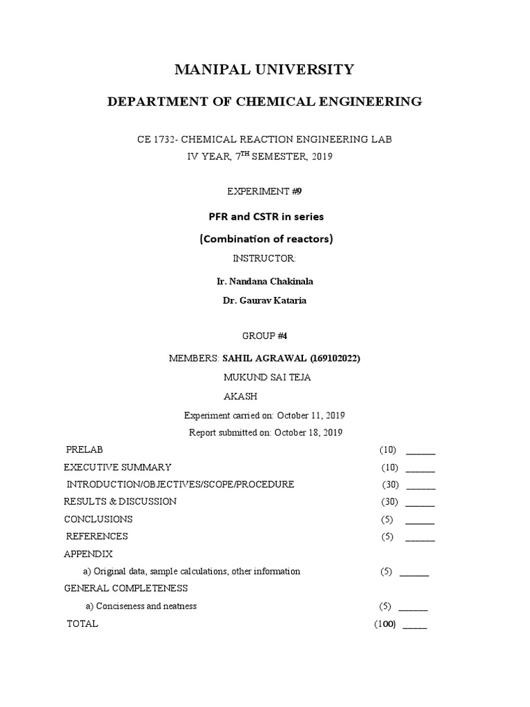 Cre Exp 9 Lab Report (CSTR & PFR IN SERIES) | PDF | Chemical Reactor ...