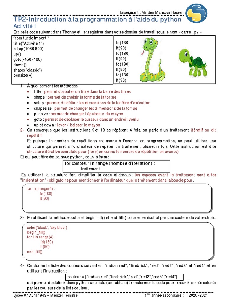 Correction - 1ere Année - TP2 Python Turtle V Hassen 2020 - 2021 | PDF | Python (Langage de ...