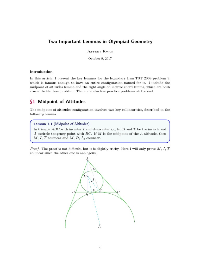 Two Key Lemmas in Olympiad Geometry | PDF | Triangle | Euclidean Plane ...