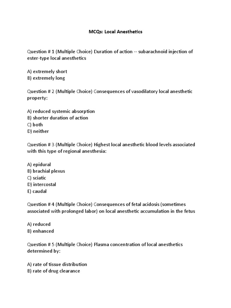 MCQs LA | PDF | Anesthesia | Medicine