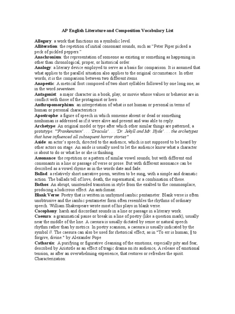 AP English Literature and Composition Vocabulary List | PDF | Poetry ...