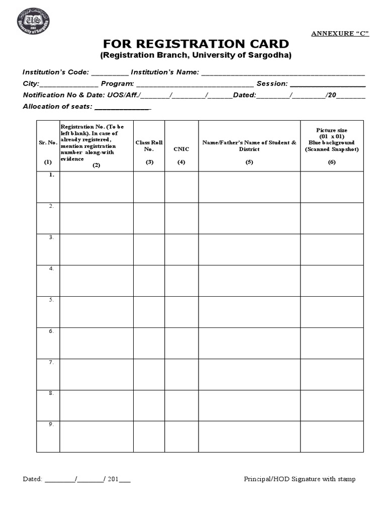 University of Sargodha Registration Card | PDF