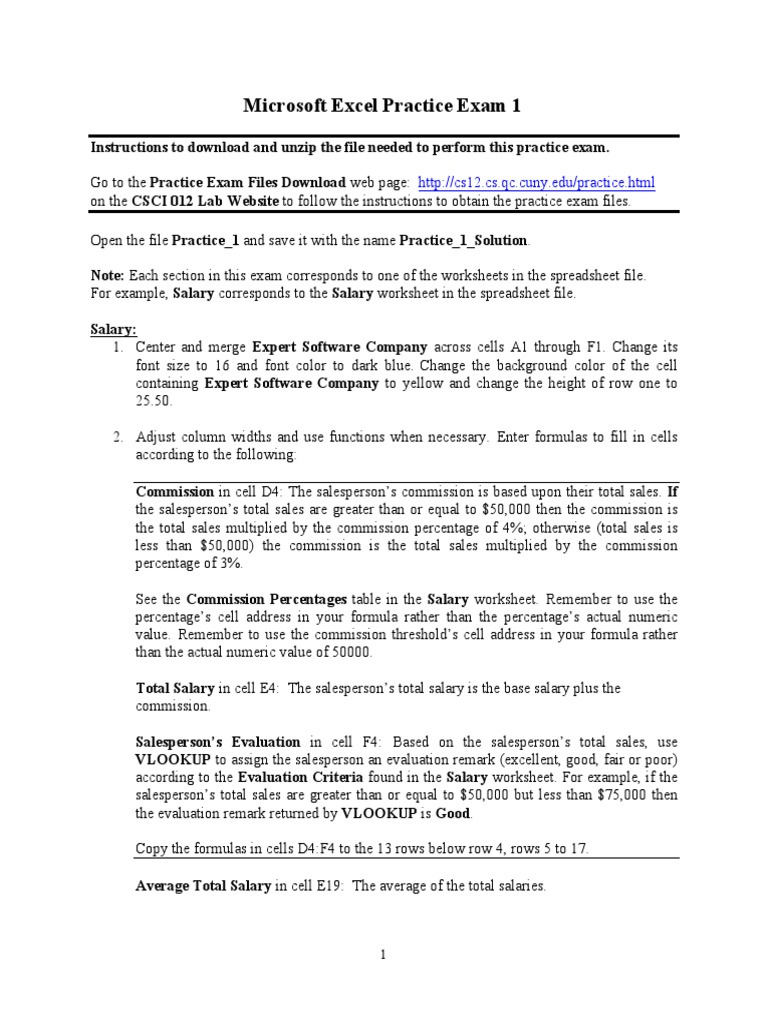 Microsoft Excel Practice Exam 1 | Download Free PDF | Worksheet ...