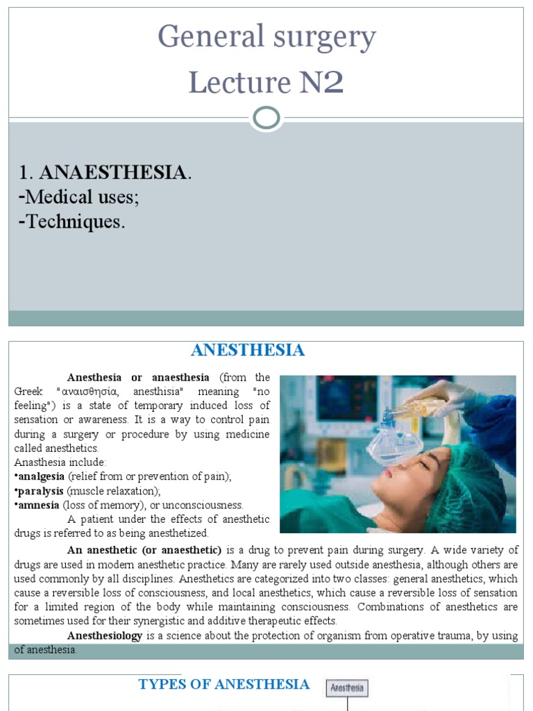 General Surgery Lecture N: 1. Anaesthesia. - Medical Uses - Techniques ...