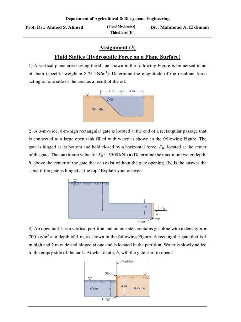 Assignment (3) Fluid Statics (Hydrostatic Force On A Plane Surface ...