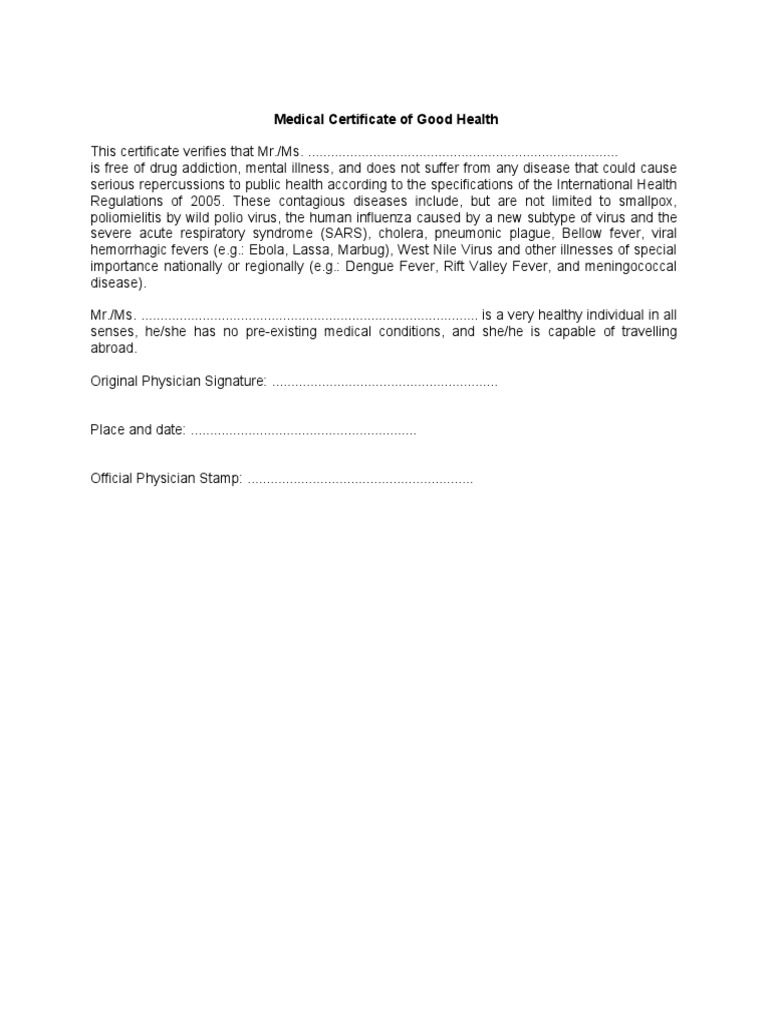 Medical Certificate of Good Health | PDF