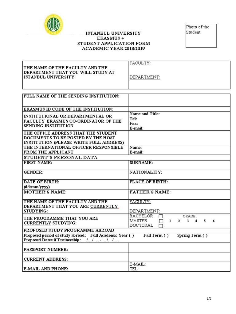 Istanbul University Erasmus + Student Application Form ACADEMIC YEAR ...