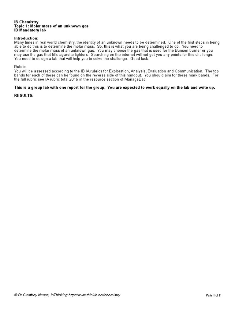IB Chemistry Topic 1: Molar Mass of An Unknown Gas IB Mandatory Lab ...